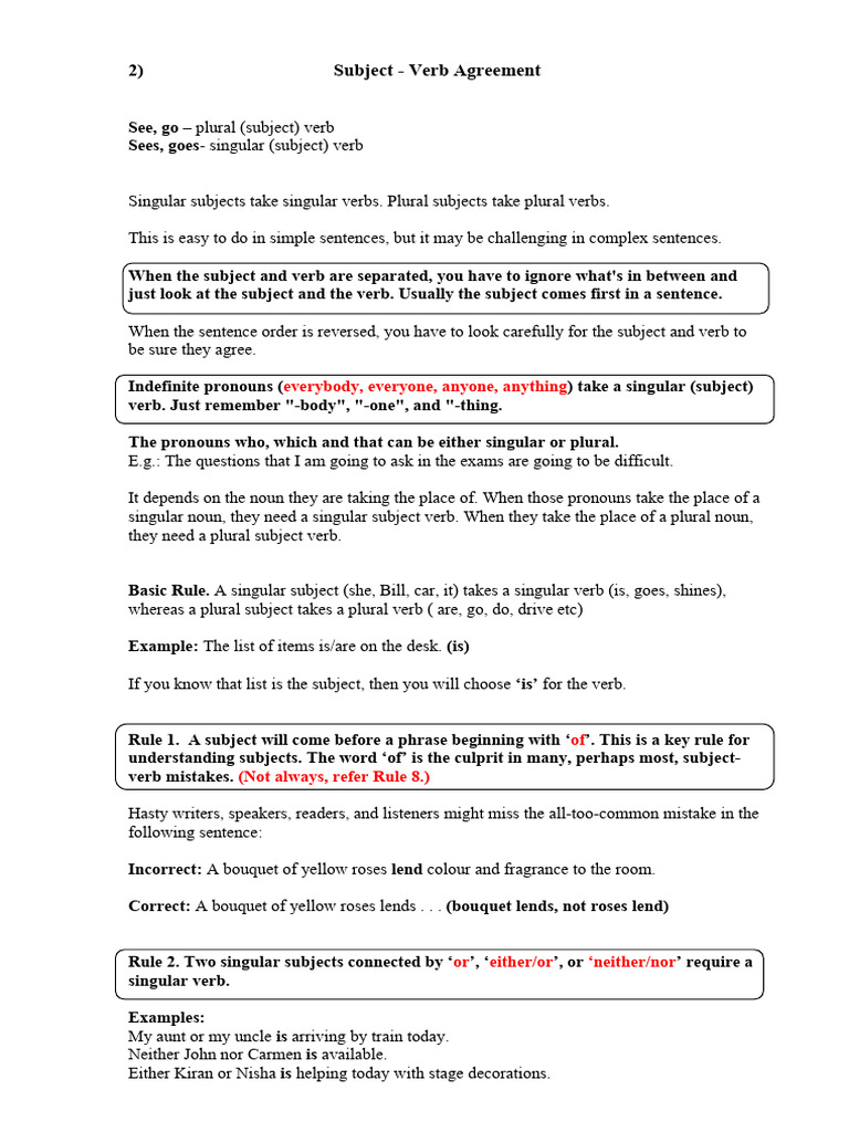 Subject-Verb Agreement Rules Explained | PDF | Subject (Grammar ...