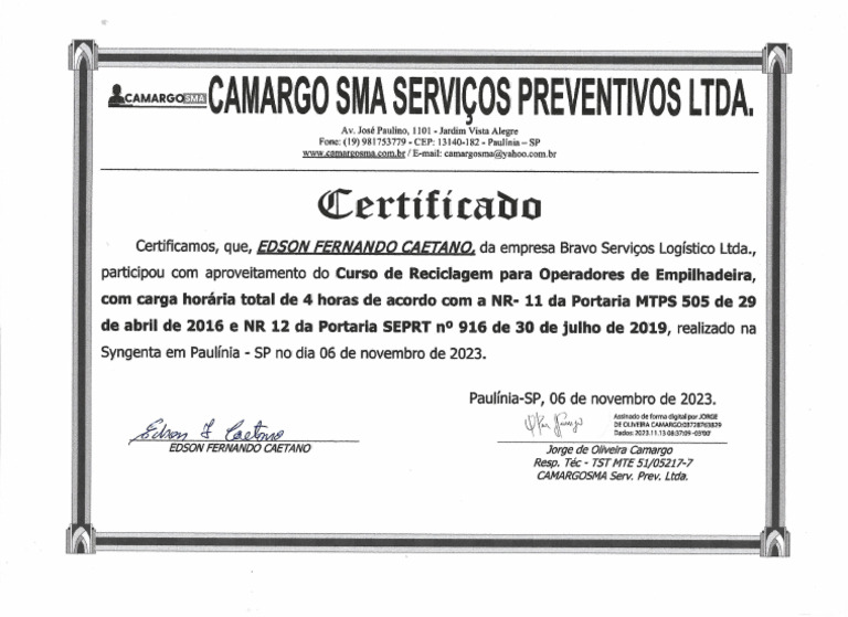 Certificado Edson Fernando Caetano NR11 | PDF