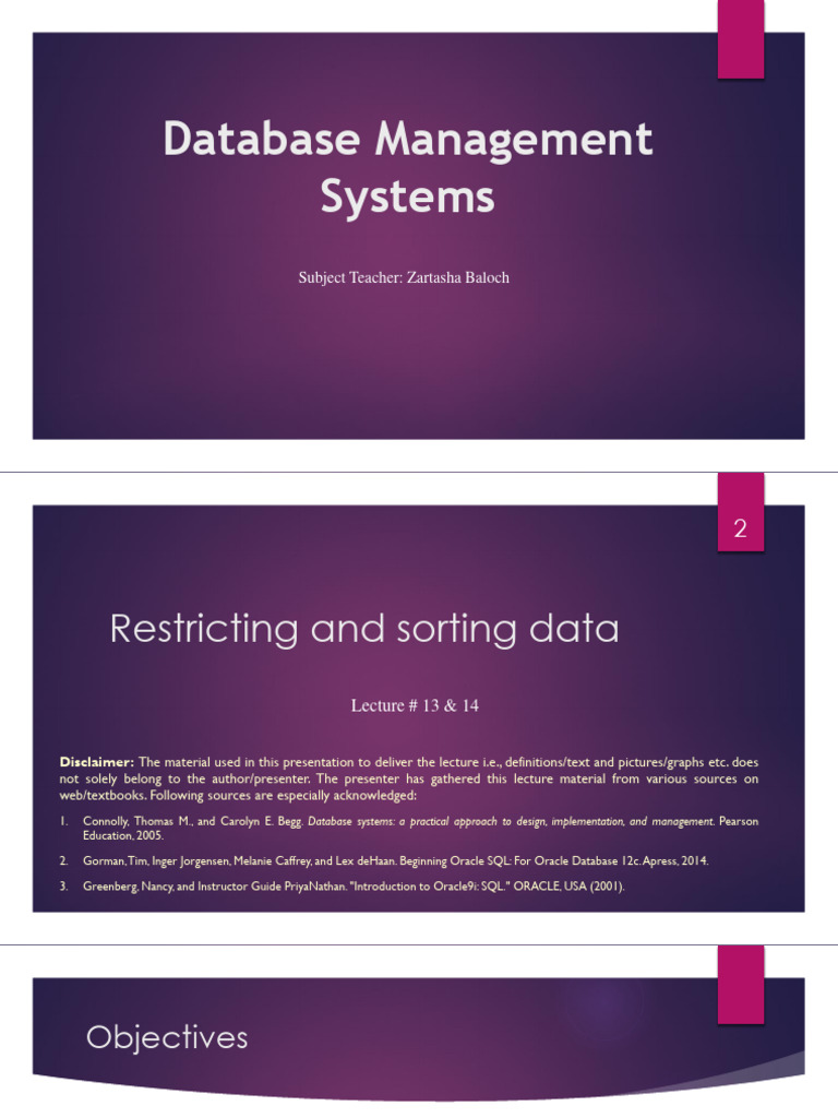 Lecture 13 - Restricting Rows and Sorting | PDF | Databases | Sql