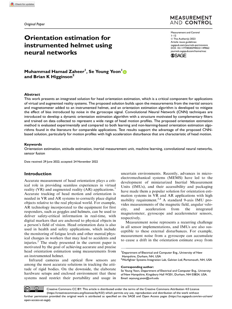 Zaheer Et Al 2023 Orientation Estimation For Instrumented Helmet Using Neural Networks | PDF ...
