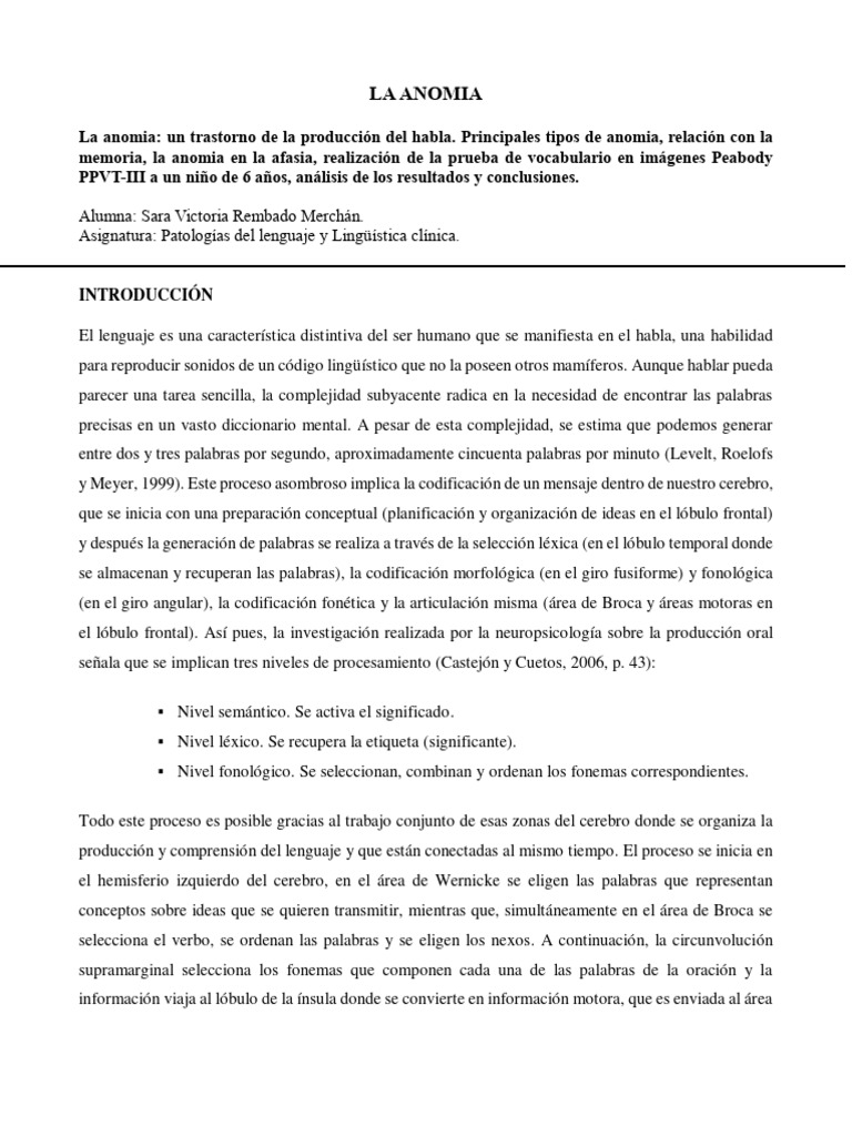 La Anomia. PDL | PDF | Afasia | Neurociencia
