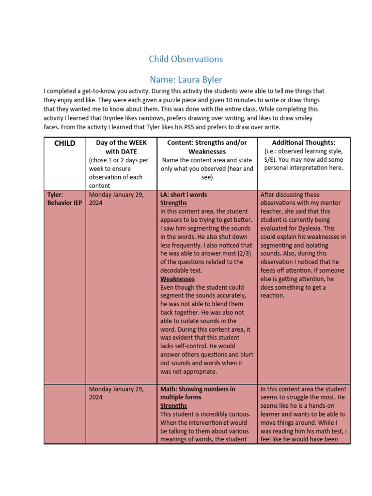 Cummins SPR 24 Child Observation - Assessment Portfolio - 2 | PDF ...