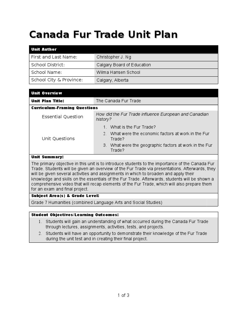 Christopher NG Hum7 Fur Trade Unit Plan | PDF | Test (Assessment) | Canada