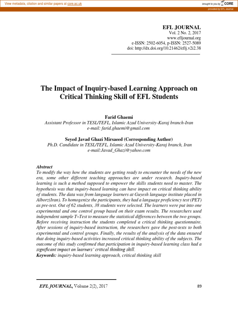 The Impact of Inquiry-Based Learning Approach On Critical Thinking Skill of EFL Students | PDF ...