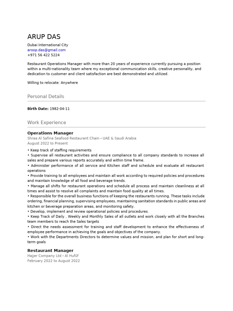 Arup Das | PDF | Restaurants | Employment