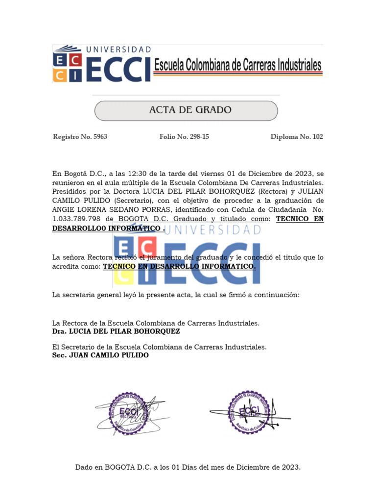 Acta de Grado Angie Sedano ECCI 2023 | PDF | Derecho