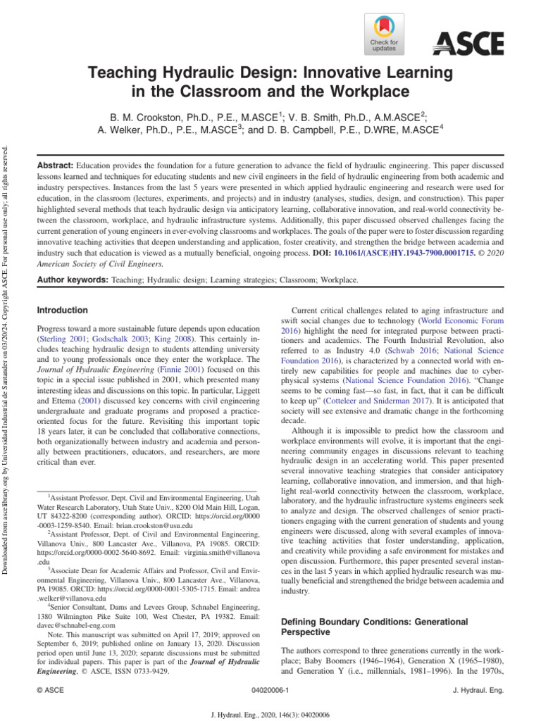 Crookston Et Al 2020 Teaching Hydraulic Design Innovative Learning in ...