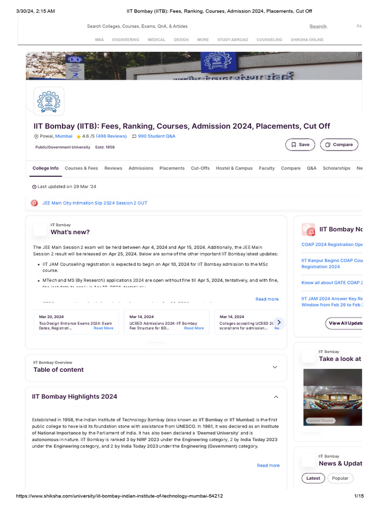 IIT Bombay (IITB) - Fees, Ranking, Courses, Admission 2024, Placements, Cut Off | PDF | Science ...
