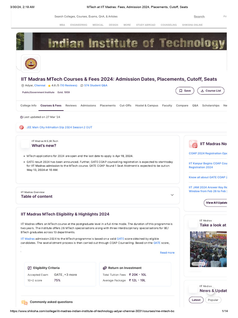 IIT Madras MTech 2024: Fees & Cutoffs | PDF | University And College Admission | Qualifications