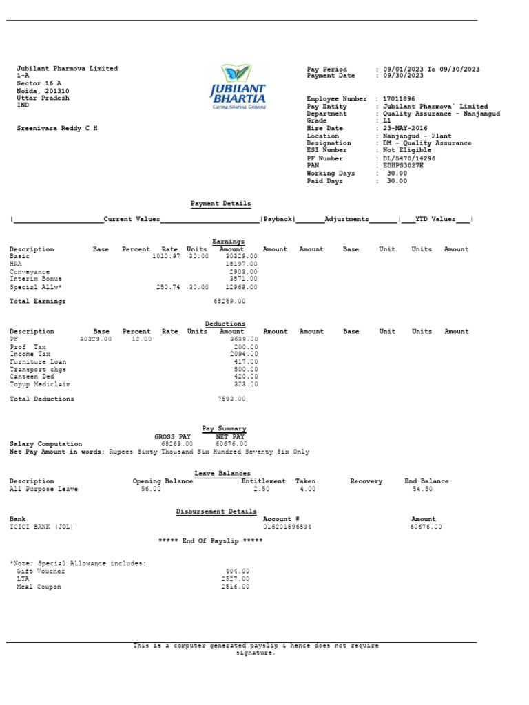 Payslip September | PDF | Money | Personal Finance