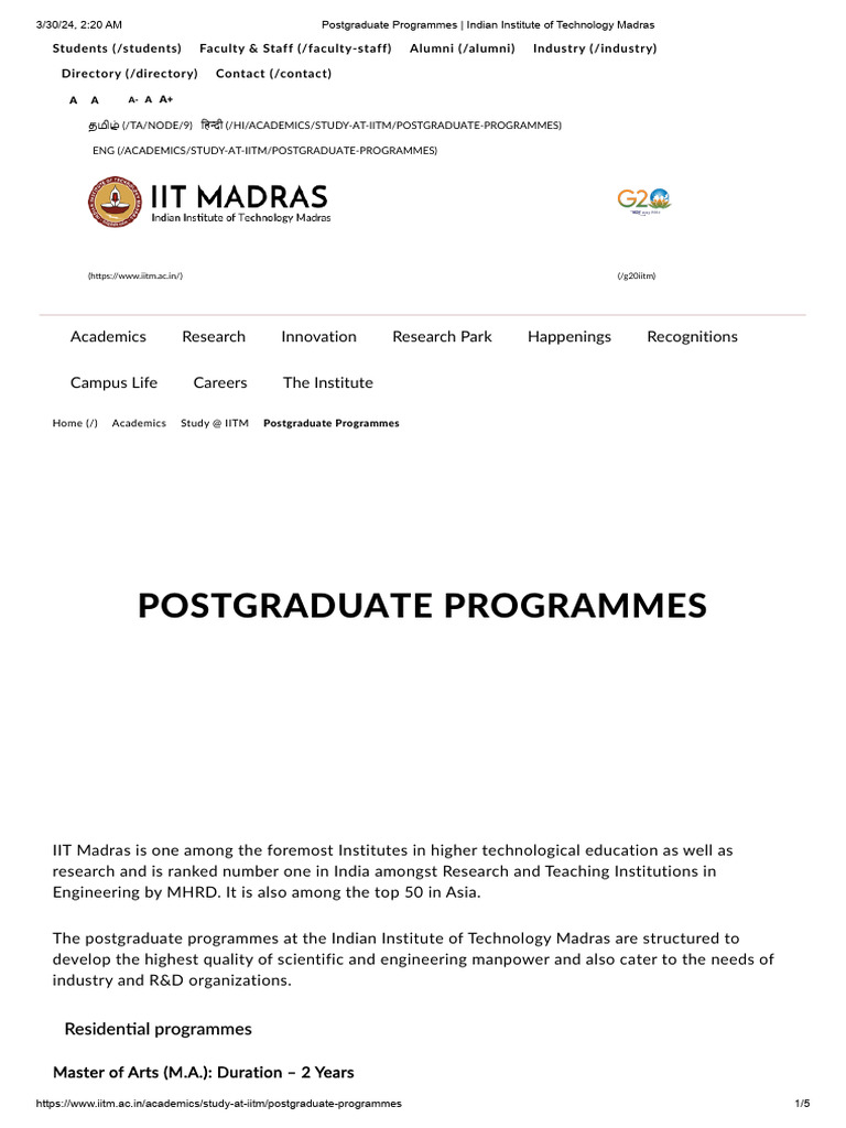 IIT Madras Postgraduate Programs Overview | PDF | Master's Degree ...