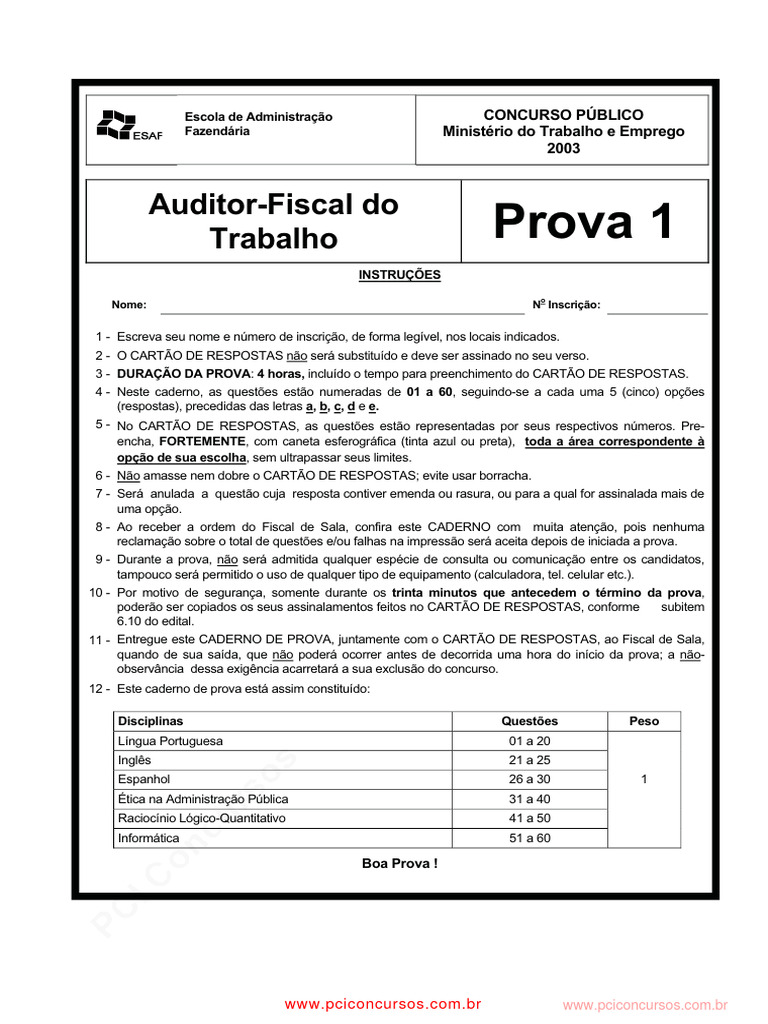 Prova1 - Auditor - Fiscal - Do - Trabalho 10 PG | PDF | Dinheiro | Liberdade