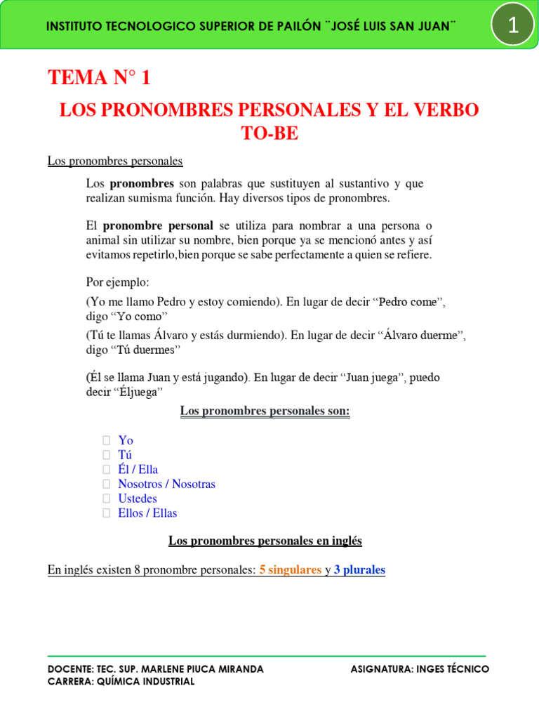 Tema N 1 (Pronombres y El Verbo To-Be) | PDF | Verbo | Asunto (gramática)