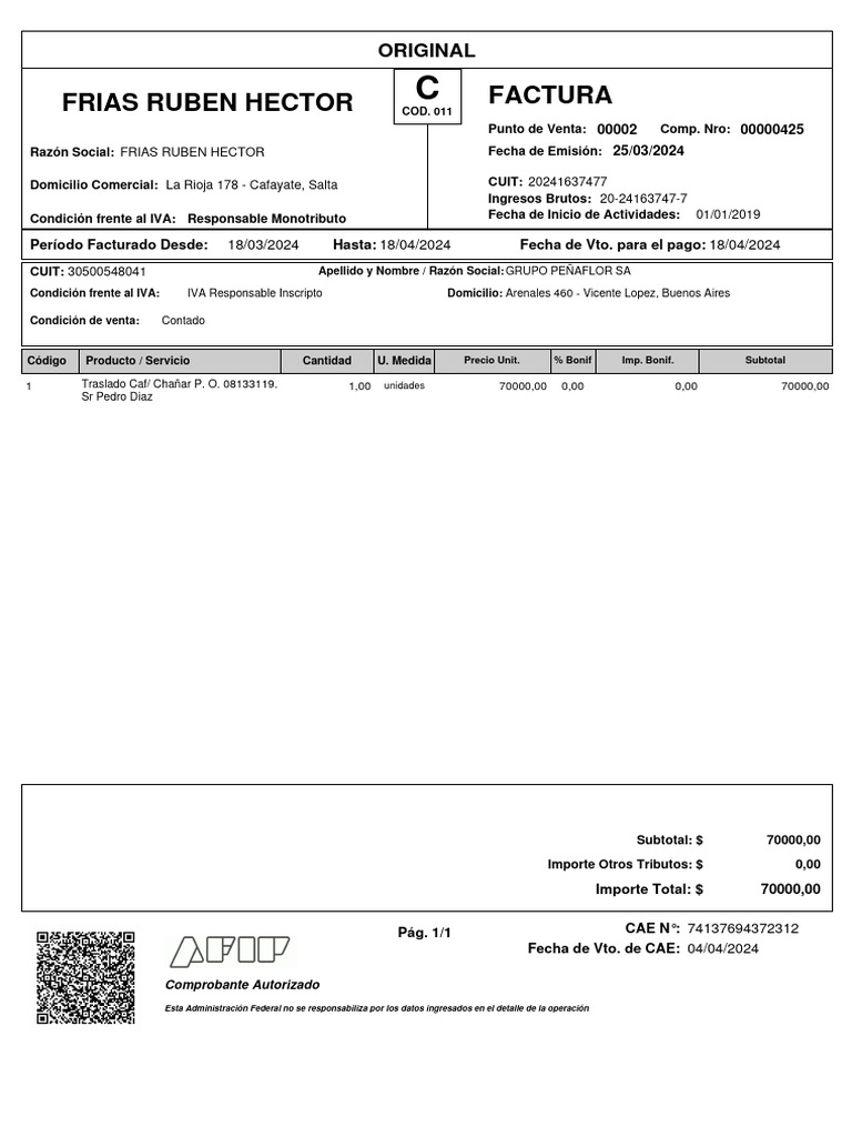 Frias Ruben Hector Factura: Original | PDF | Finanzas y dinero