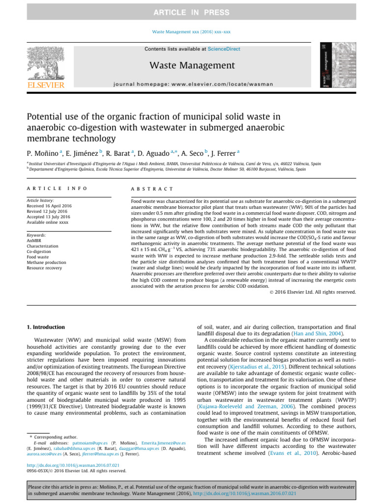 Potential Use of The Organic Fraction of Municipal Solid Waste in | PDF ...