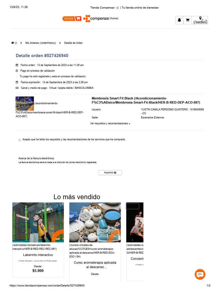 Detalle Orden Tienda Compensar | PDF | Las compras en línea | Venta al por menor