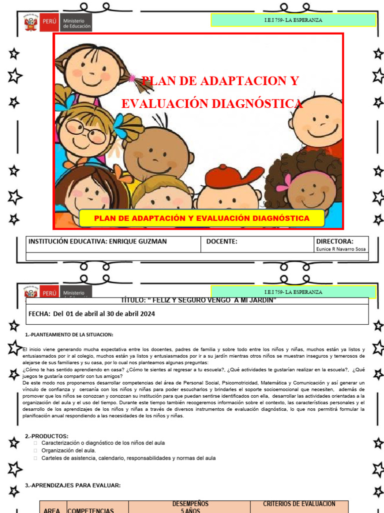 Plan de Adaptación I.E.I 759 2024 | PDF | Las emociones | Evaluación