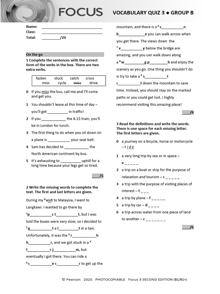 Focus3 2E Vocabulary Quiz Unit3 GroupB | PDF | Grammar | Languages
