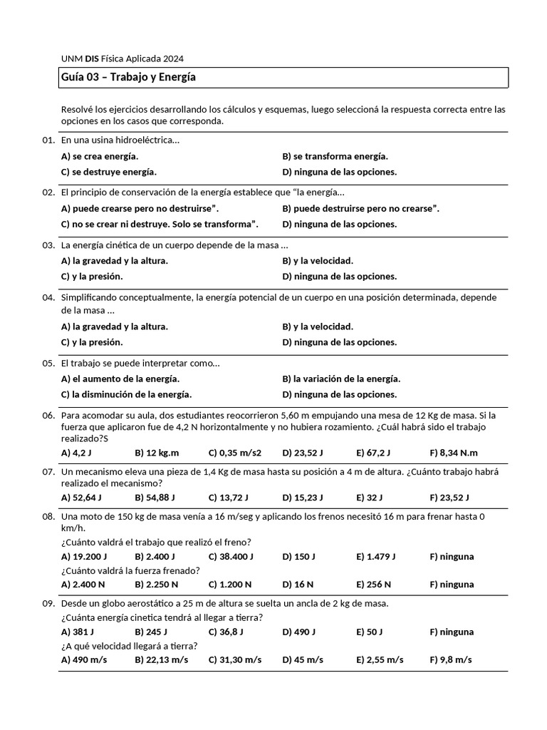 Guía de Ejercicios de Energía Física | PDF | Mecanica clasica | Mecánica