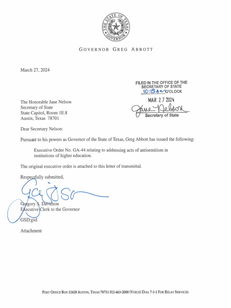 Texas Executive Order GA-44 on Antisemitism | PDF | Hamas | Antisemitism