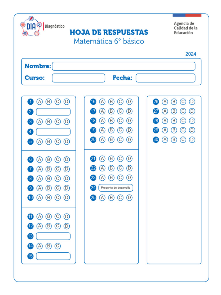 Hoja de Respuestas Matematica Diagnostico 2024 6 Basico | PDF | Métodos ...