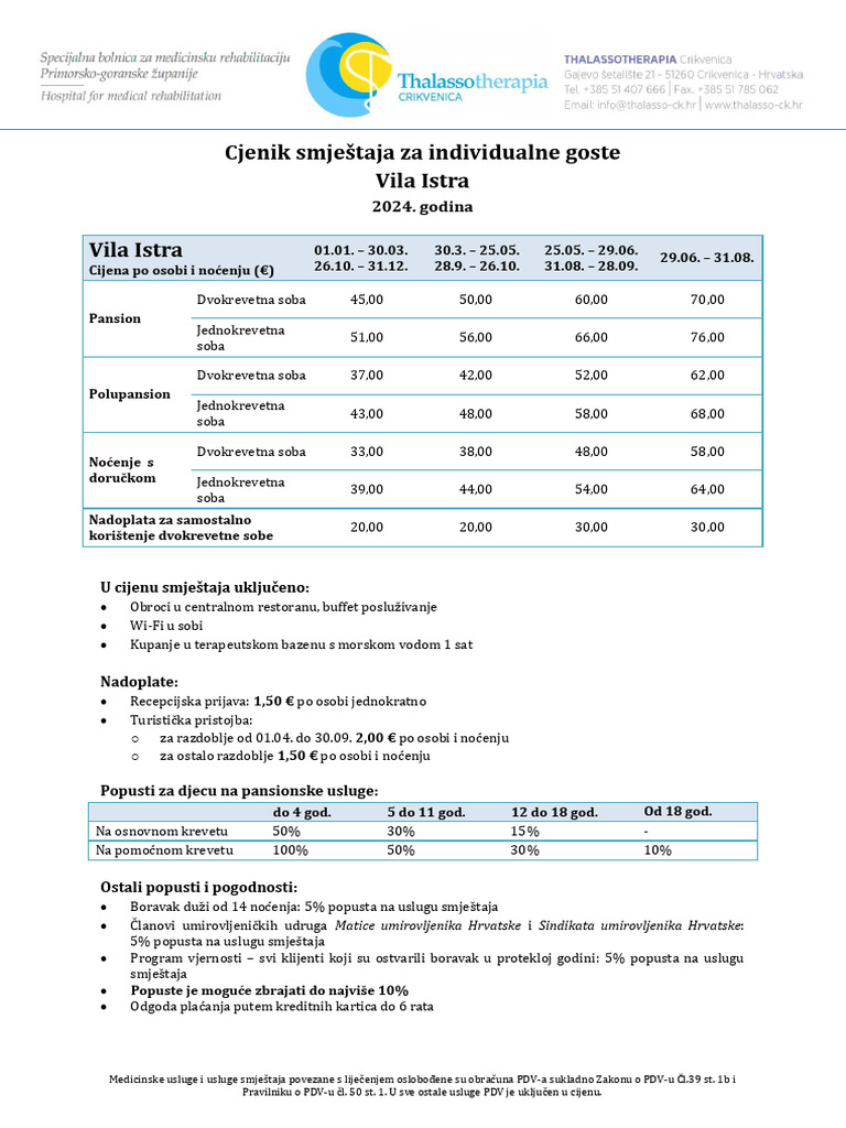 Cjenik Smještaja Vila Istra 2024 | PDF