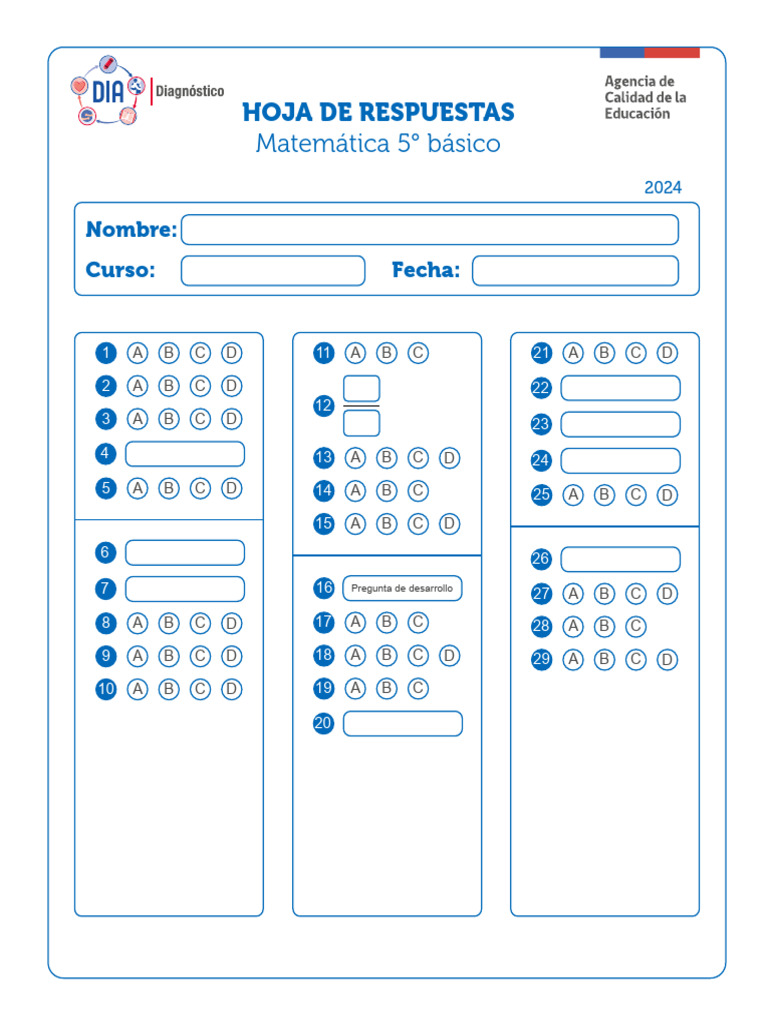 Hoja de Respuestas Matematica Diagnostico 2024 5 Basico | PDF