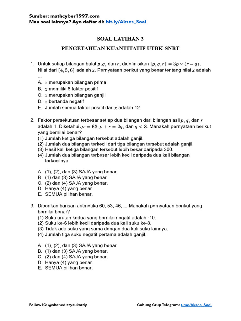 Soal Latihan 3 - Pengetahuan Kuantitatif UTBK-SNBT | PDF