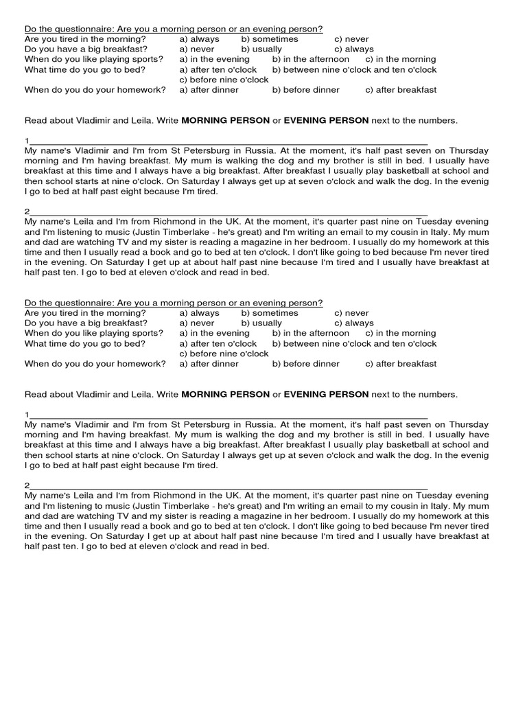 Morning vs Evening Person Questionnaire | PDF | Sports & Recreation ...