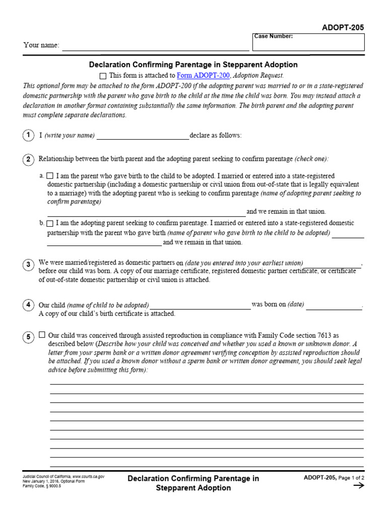 ADOPT-205 Declaration Confirming Parentage in Stepparent Adoption AAAC ...