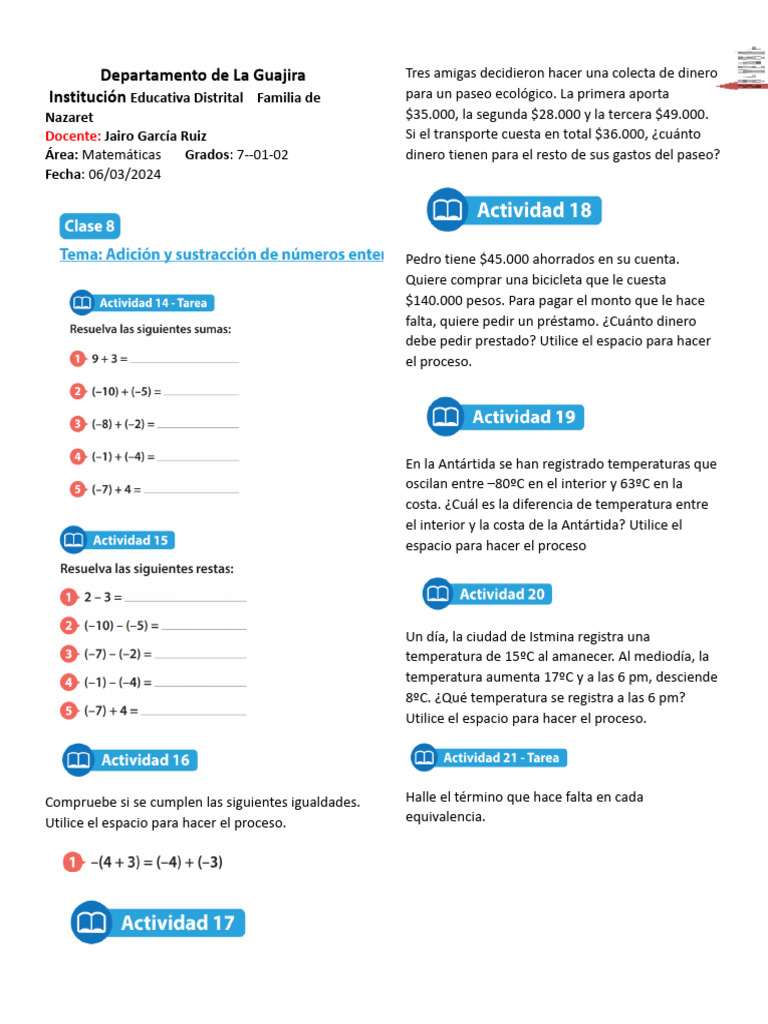Comparto 'Repaso de Las Operaciones Con Numeros Enteros' Contigo | PDF ...