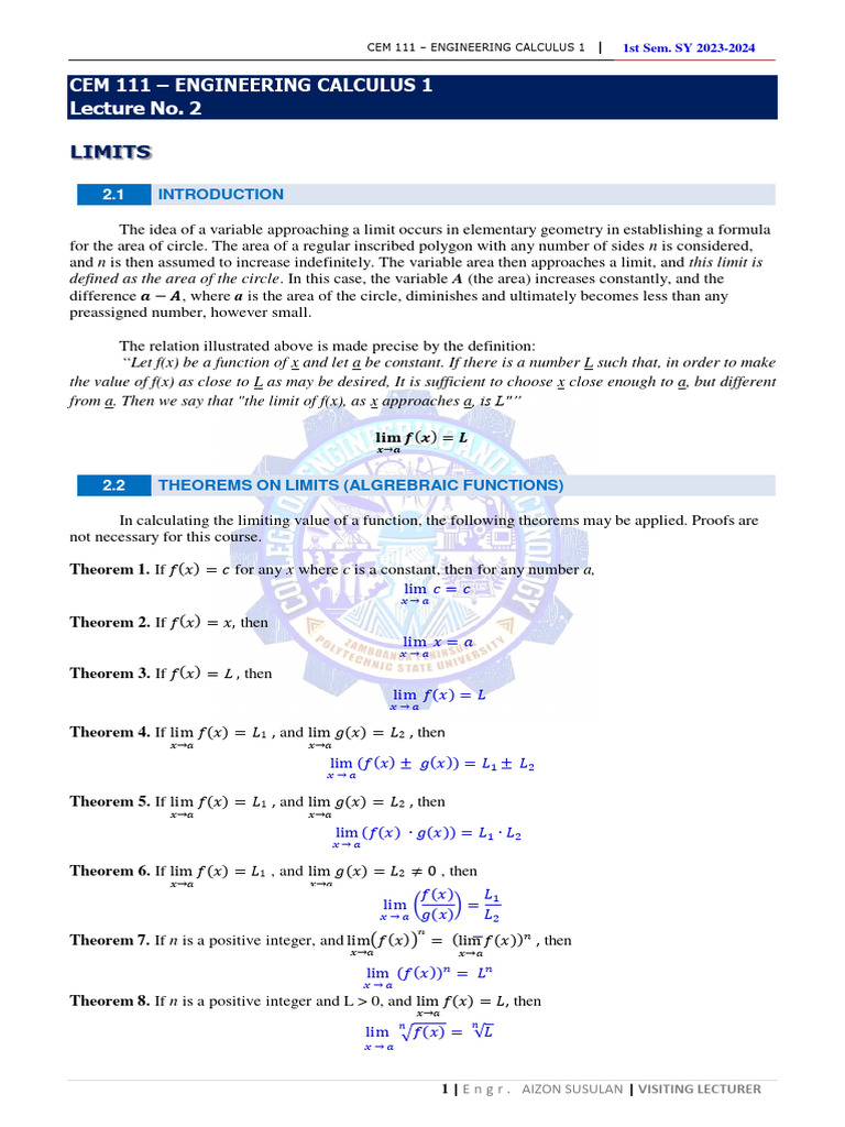 Cem 111 Topic 2 Limits | PDF | Area | Limit (Mathematics)