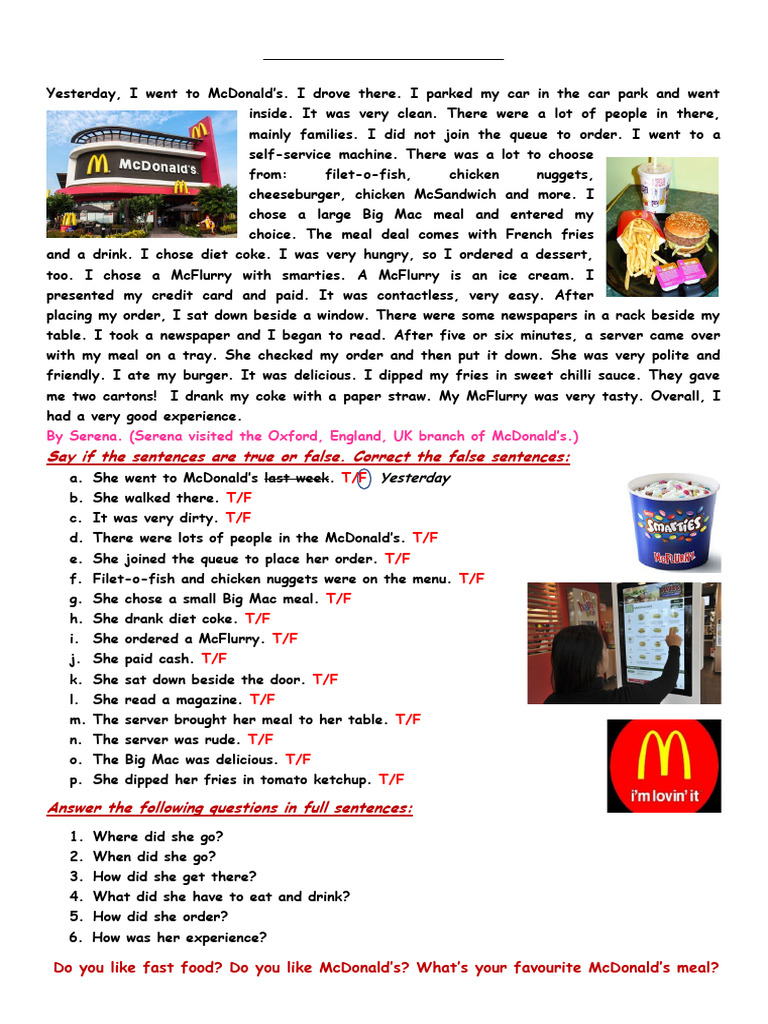 RC My Trip To Mcdonalds Reading Comprehension Exercises - 140924 | PDF ...