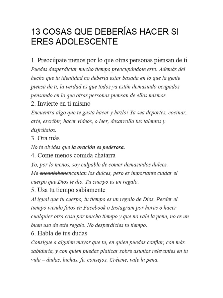 13 Cosas Que Deberías Hacer Si Eres Adolescente | PDF
