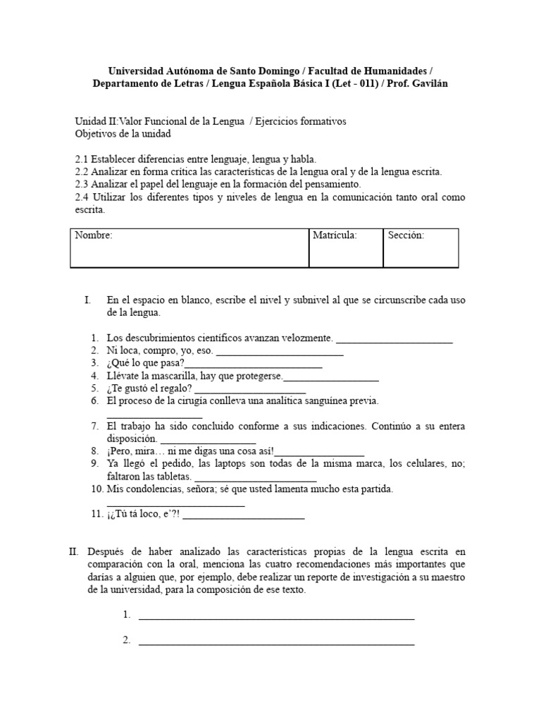 Let 011 Unidad II - Ejercicios - Editados Por Prof. Gavilán | Descargar gratis PDF | Lingüística