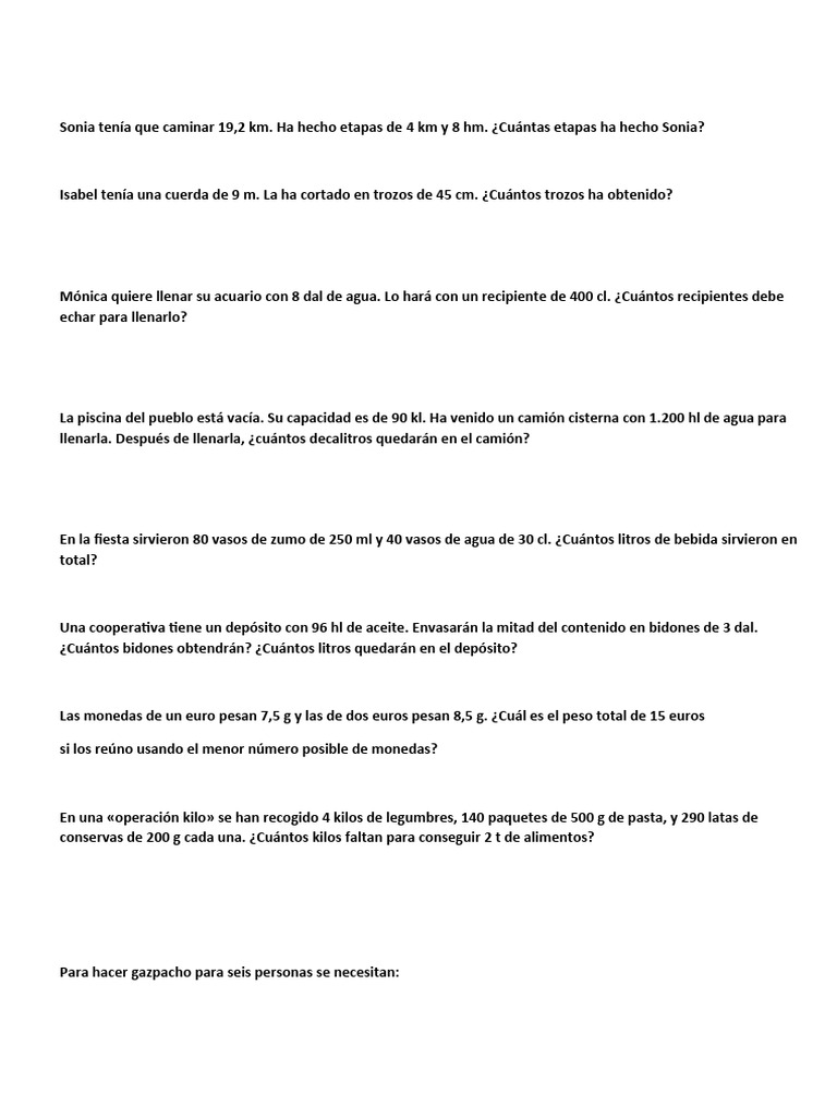 Problemas Unidades de Medida | PDF | Litro