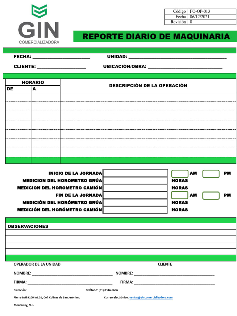 Reporte Diario de Maquinaria 3.0 | PDF