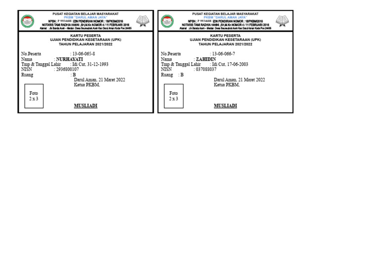 Kartu Ujian Kelas Xii Paket C PKBM Darul Aman Jaya Tahun 2021-2022 Sambungan | PDF