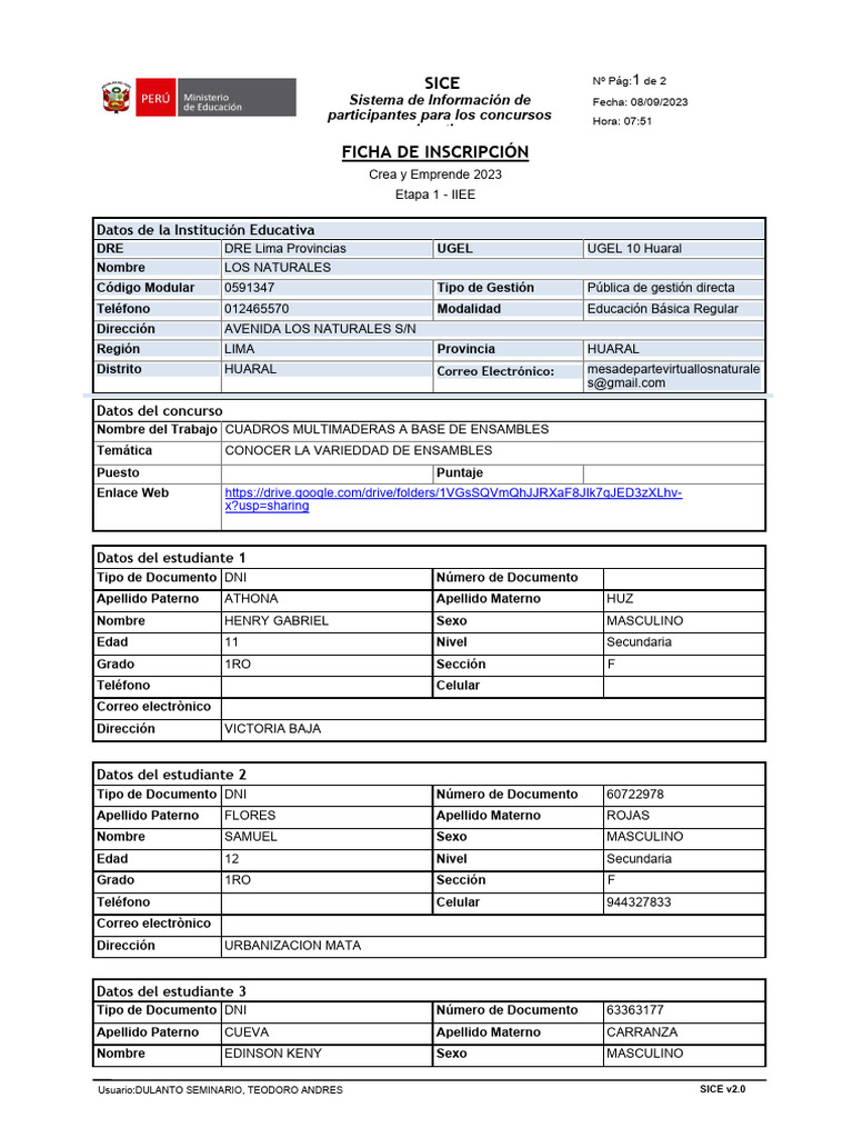 FICHA Crea y Emprende 1RO (Datos) | PDF | Documento de identidad