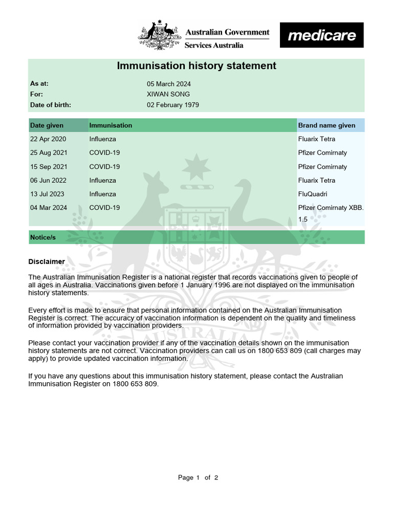 Immunisation History Statement Overview | PDF | Influenza Vaccine ...