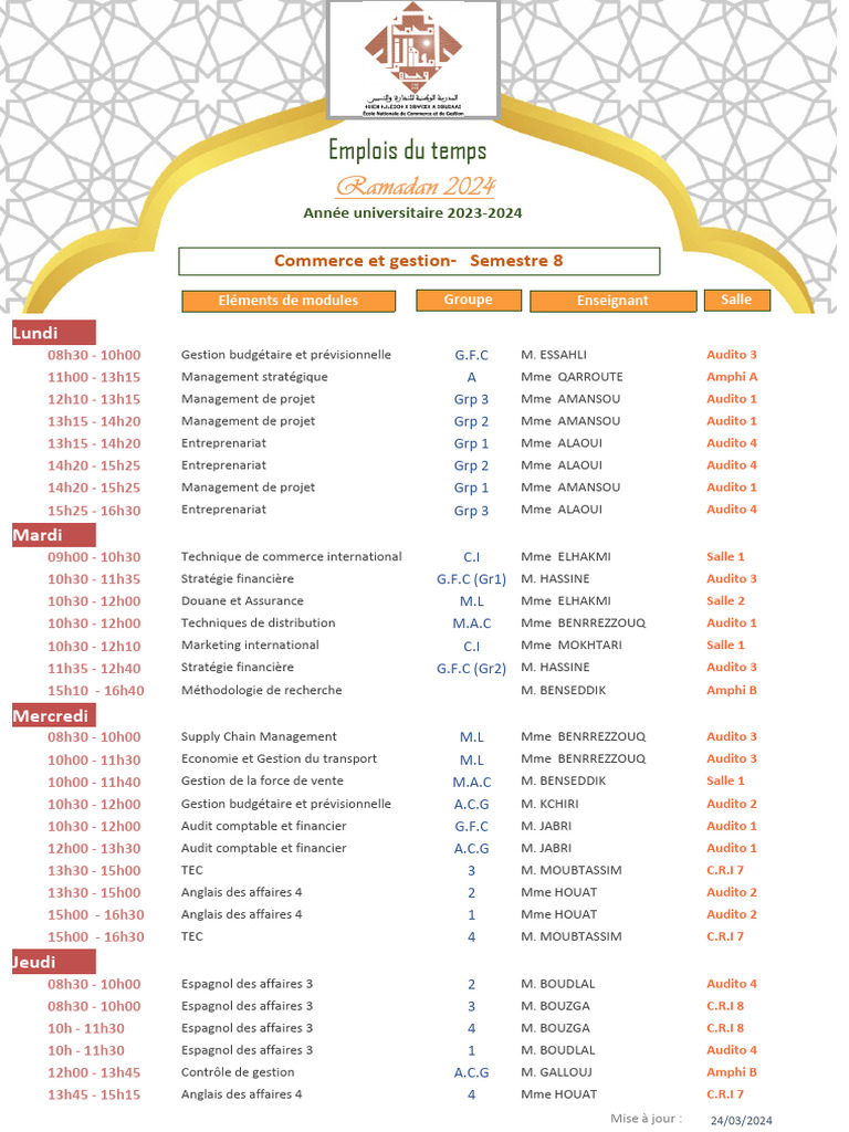 Emploi du temps Ramadan 2024 | PDF | Direction | Économie