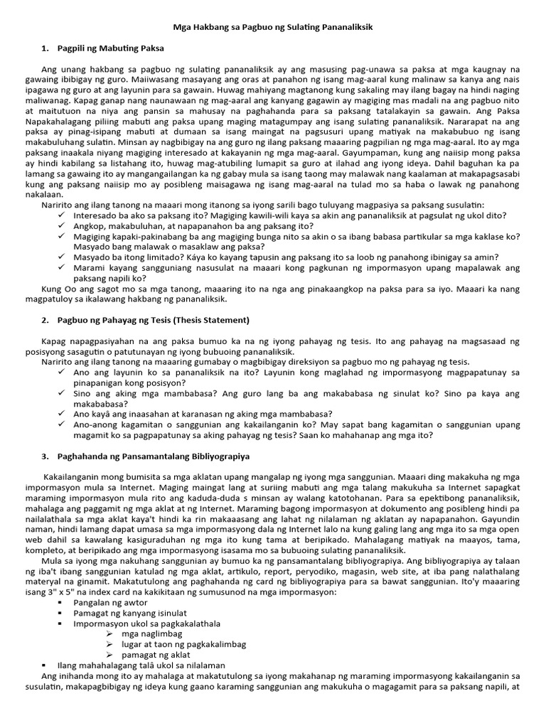 Mga Hakbang Sa Pagbuo NG Sulating Pananaliksik | PDF