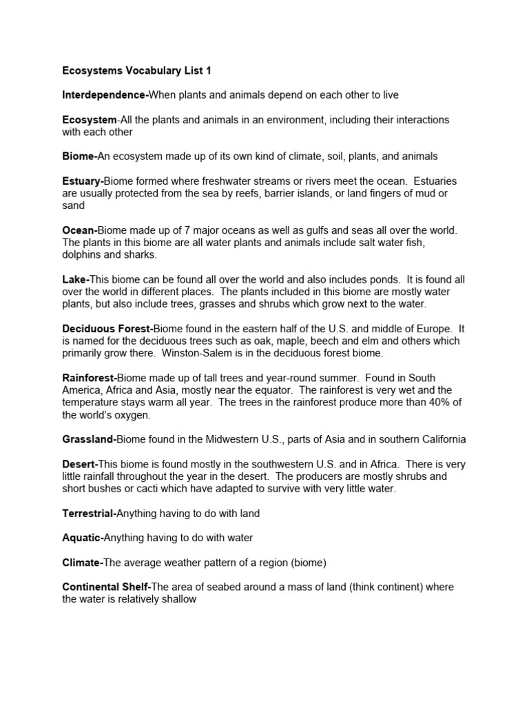 Ecosystems Vocabulary List 1 | PDF | Ecosystem | Ecoregions