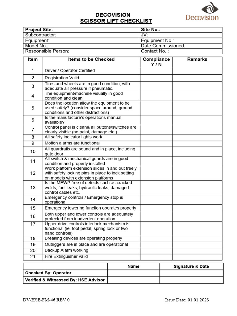 46 Scissor Lift Inspection Checklist | PDF | Technology & Engineering