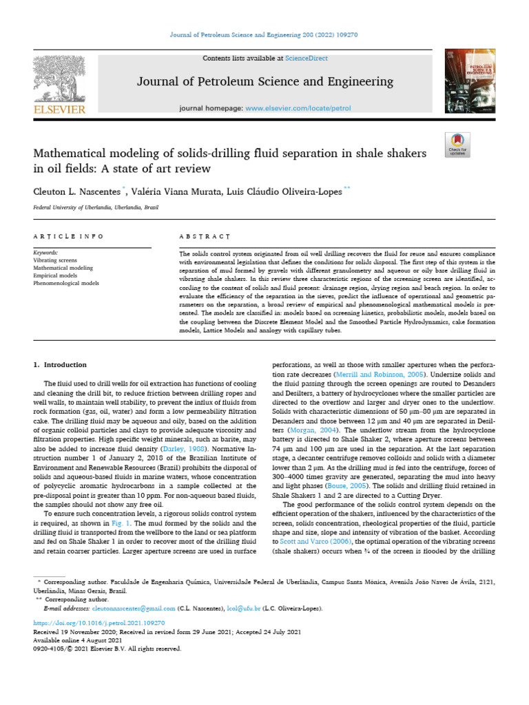 Mathematical Modeling of Solids-Drilling Fluid Separation in Shale ...