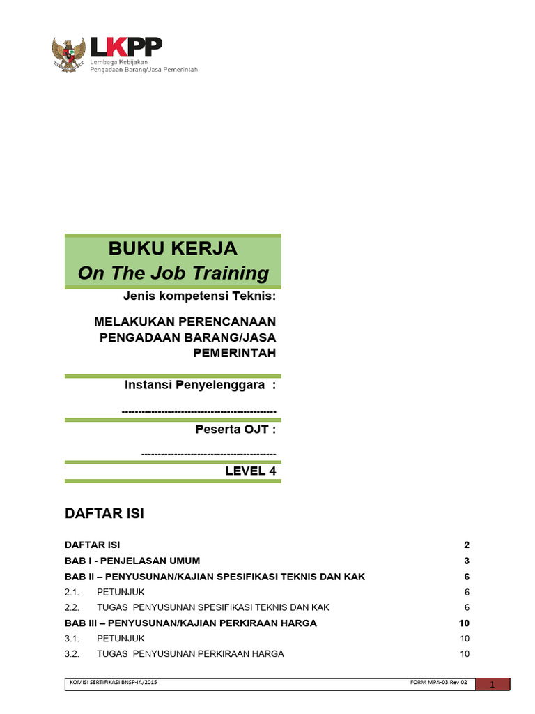 Buku Kerja OJT JK Perencanaan PBJP Level 4 | PDF