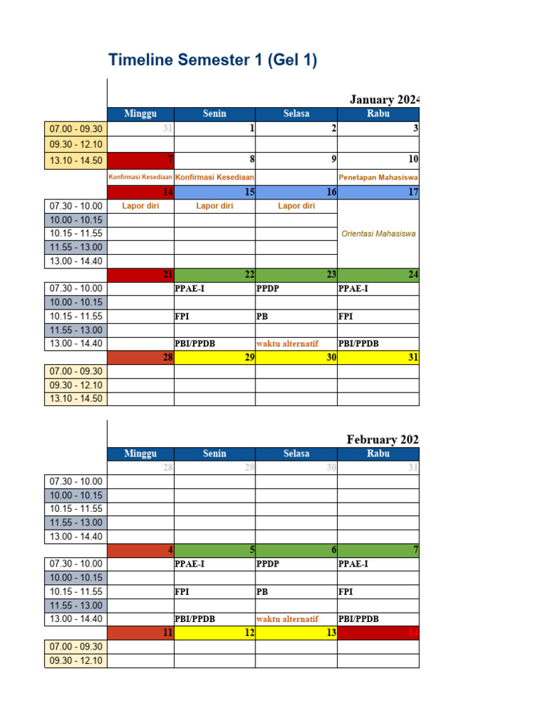 Semester 1 Timeline for Gel 1 PPG 2024 | PDF