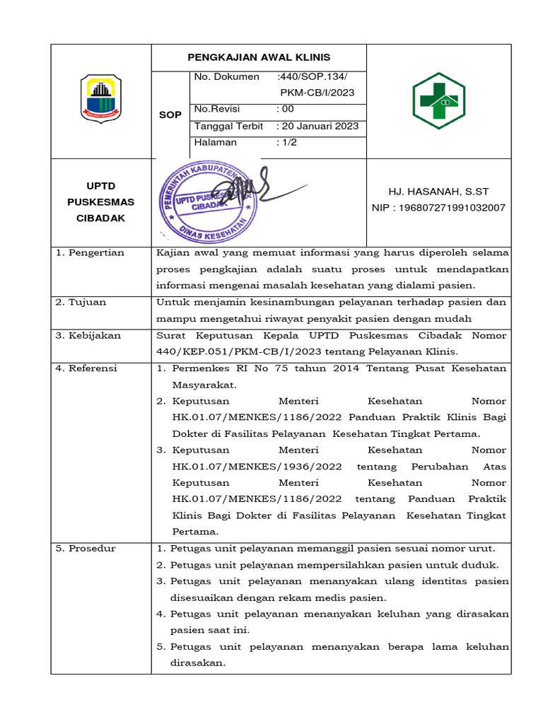 Prosedur Pengkajian Awal Klinis di Puskesmas | PDF