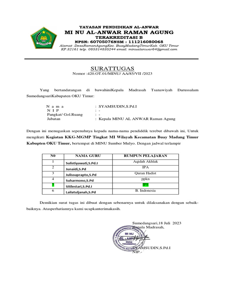 Surat Tugas KKG-MGMP | PDF