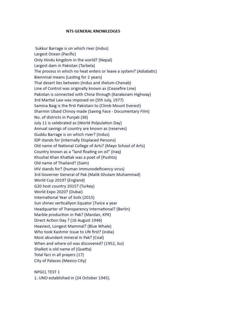 Nts General Knowledges | PDF | Pakistan | Indus River